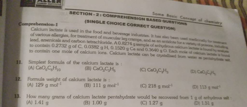 Formula weight of calcium lactate is : | Filo