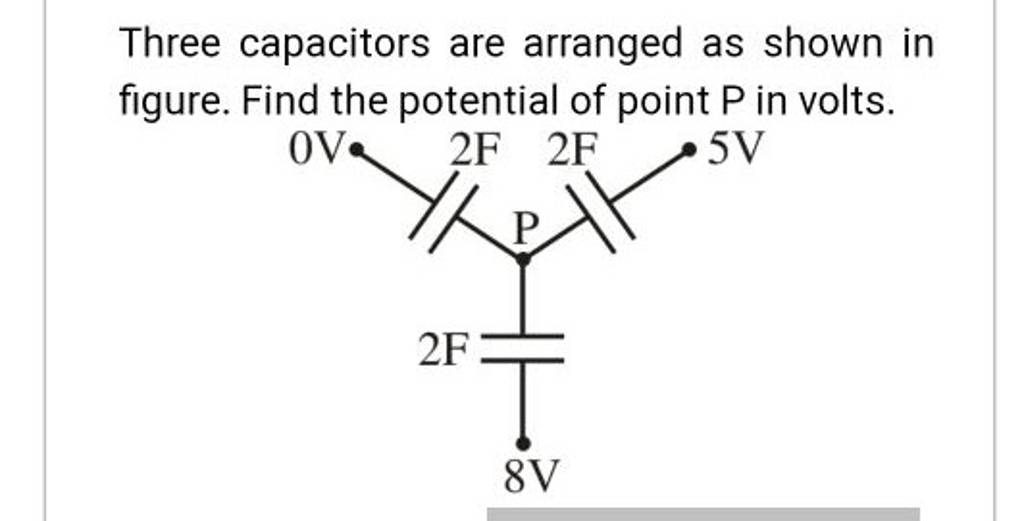 Three capacitors are arranged as shown in figure. Find the potential of p..