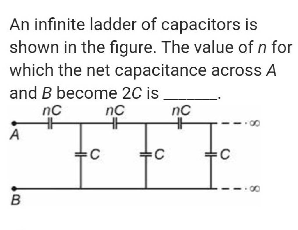 An infinite ladder of capacitors is shown in the figure. The value of n f..
