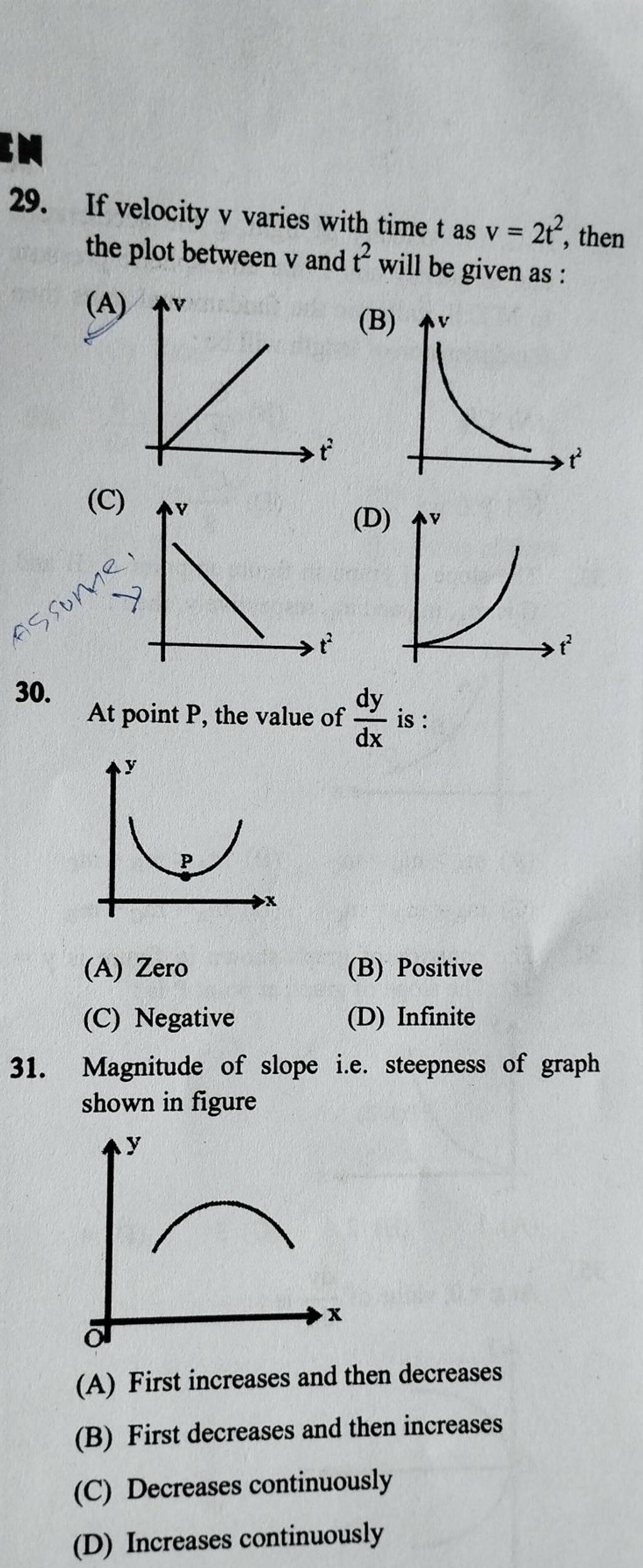If velocity v varies with time t as v=2t2, then the plot between v and t2..