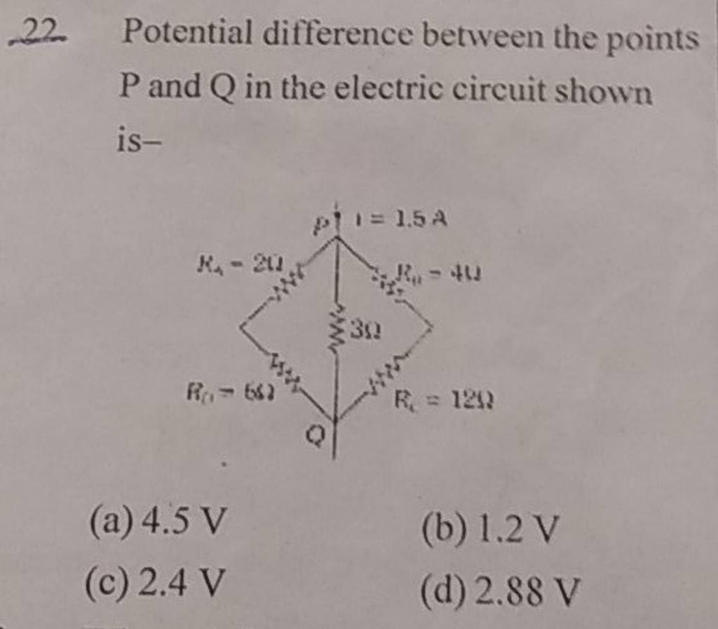Potential difference between the points P and Q in the electric circuit s..