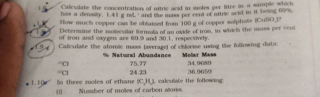 Calculate the concentration of nitric acid in moles per litre in a sample..