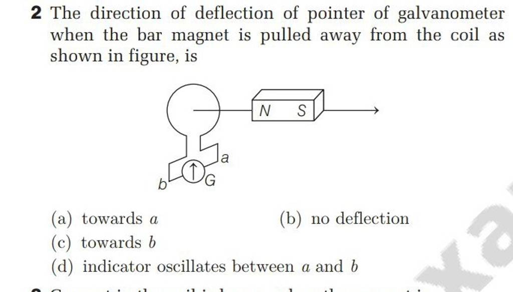 2 The direction of deflection of pointer of galvanometer when the bar mag..