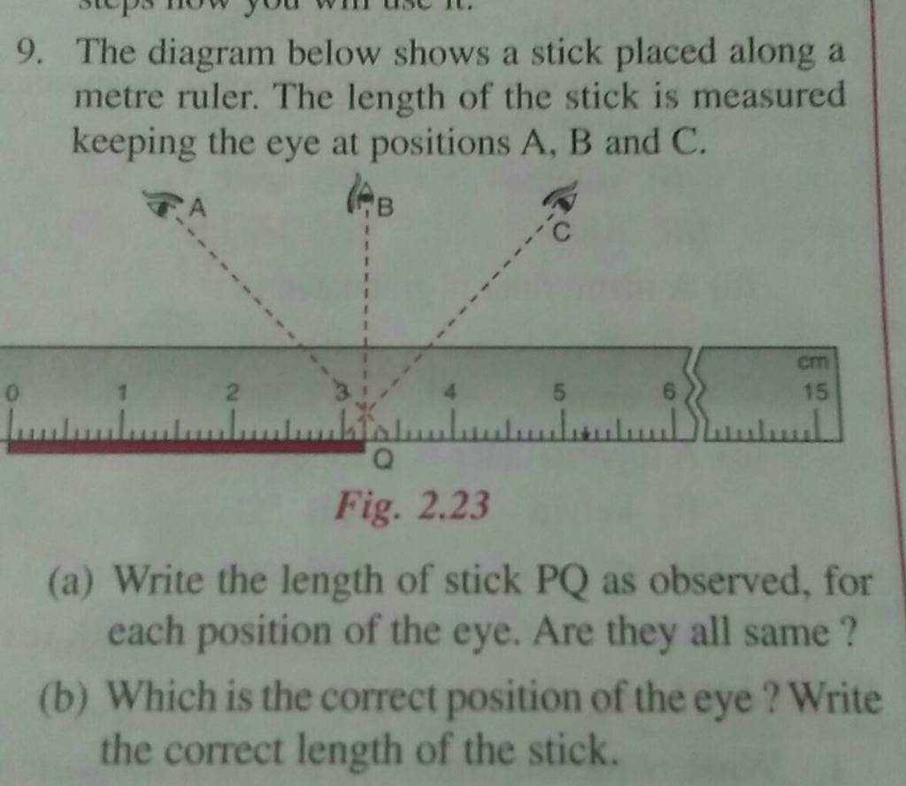 9. The diagram below shows a stick placed along a metre ruler. The length..