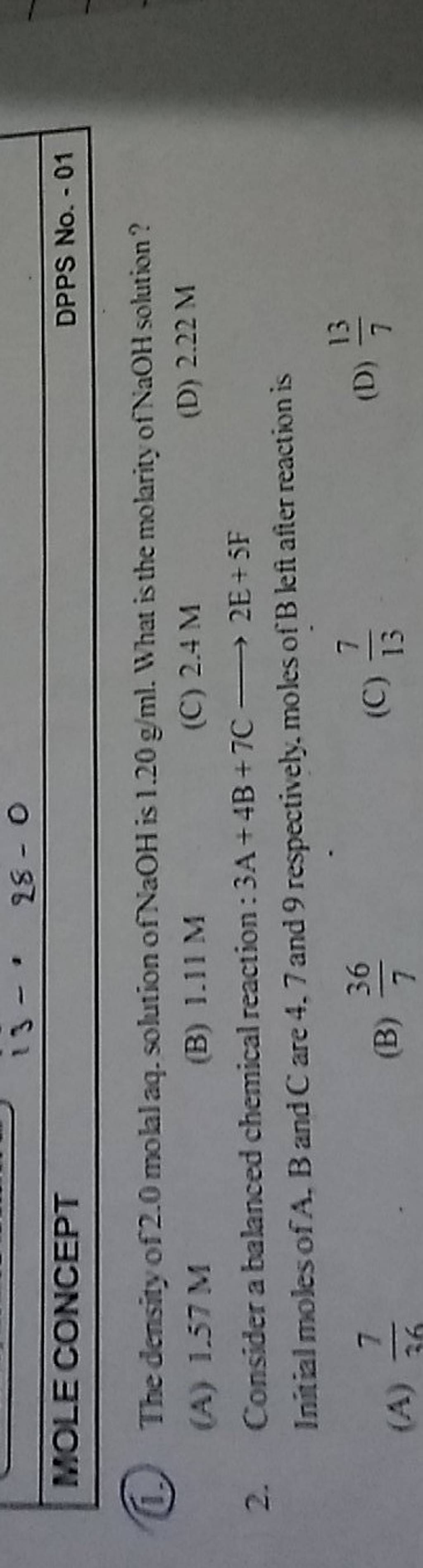 Consider a balanced chemical reaction :3 A+4 B+7C 2E+5 F Initial moles of.. Consider a balanced chemical reaction :3 A+4 B+7C 2E+5 F Initial moles of..