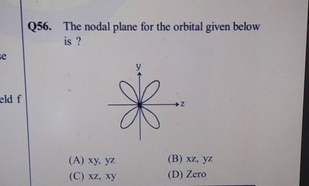 Q56. The nodal plane for the orbital given below is ? | Filo