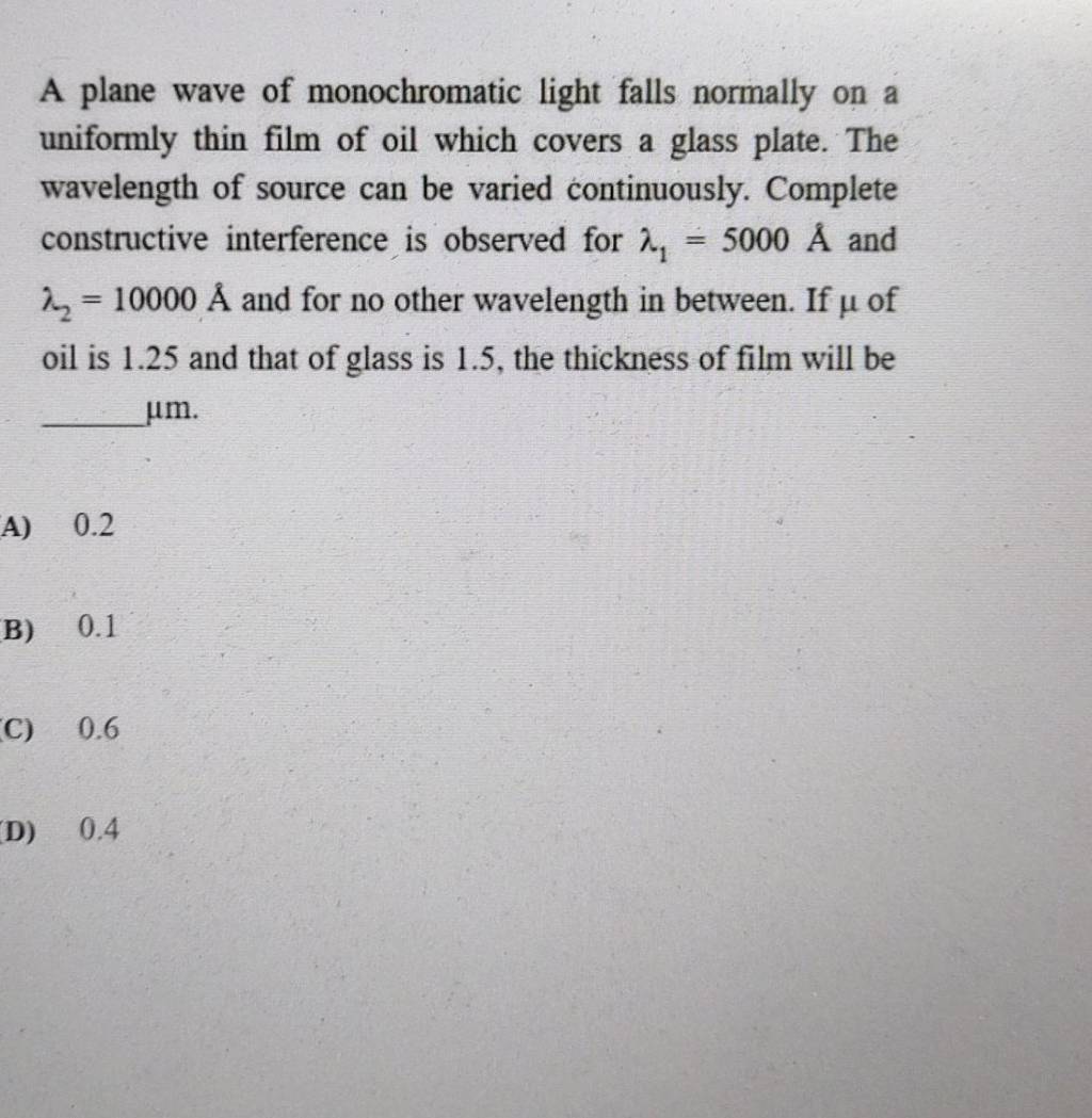 A plane wave of monochromatic light falls normally on a uniformly thin fi..