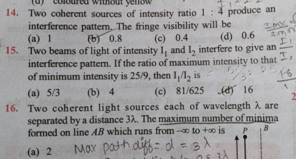 Two beams of light of intensity I1 and I2 interfere to give an II , int..
