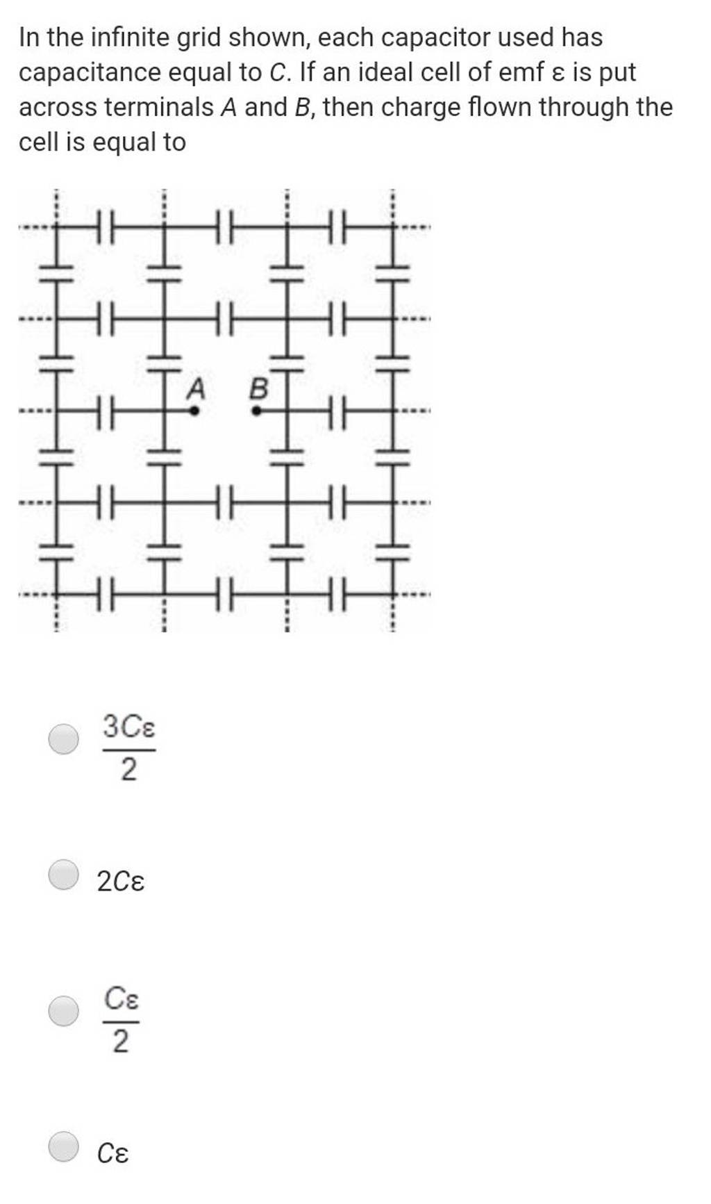 In the infinite grid shown, each capacitor used has capacitance equal to