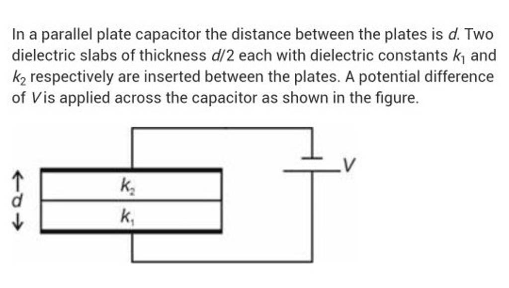 In a parallel plate capacitor the distance between the plates is d. Two d..