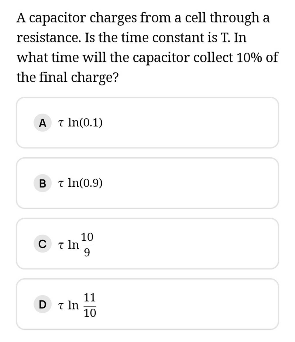 A capacitor charges from a cell through a resistance. Is the time constan..
