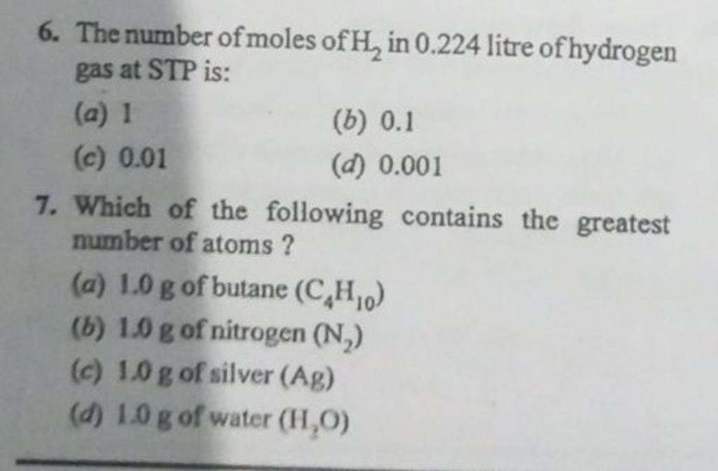 The number of moles of H2 in 0.224 litre of hydrogen gas at STP is:..