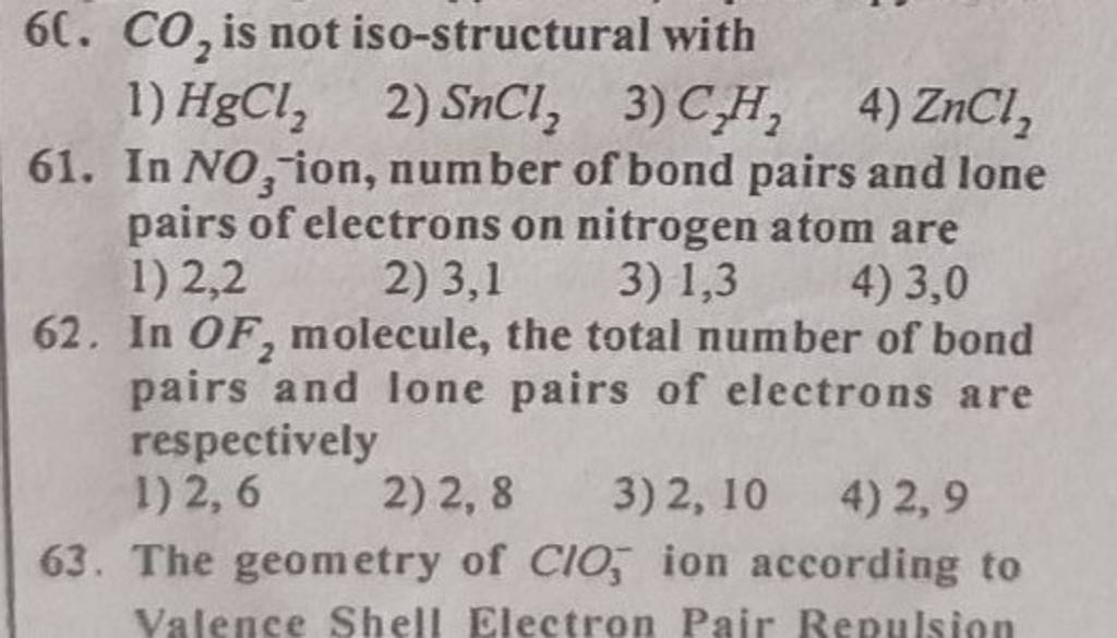 In OF2 molecule, the total number of bond pairs and lone pairs of electr..