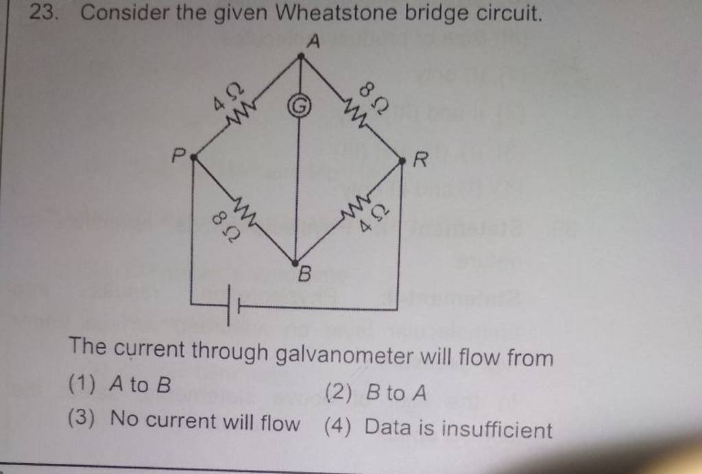 Consider the given Wheatstone bridge circuit. The current through galvano..