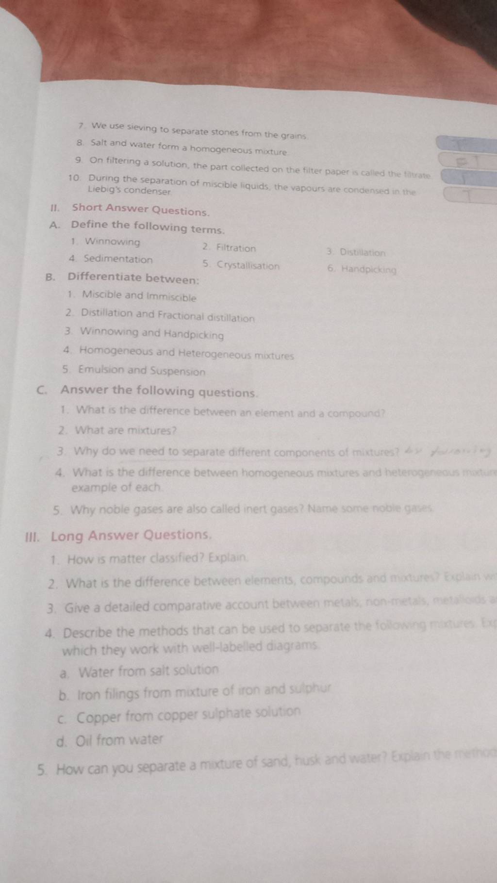 What is the difference between an element and a compound? 2. What are mix..