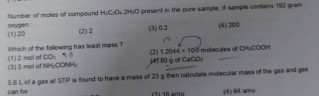 Number of moles of compound H2 C2 O4 ⋅2H2 O present in the pure sample, i..