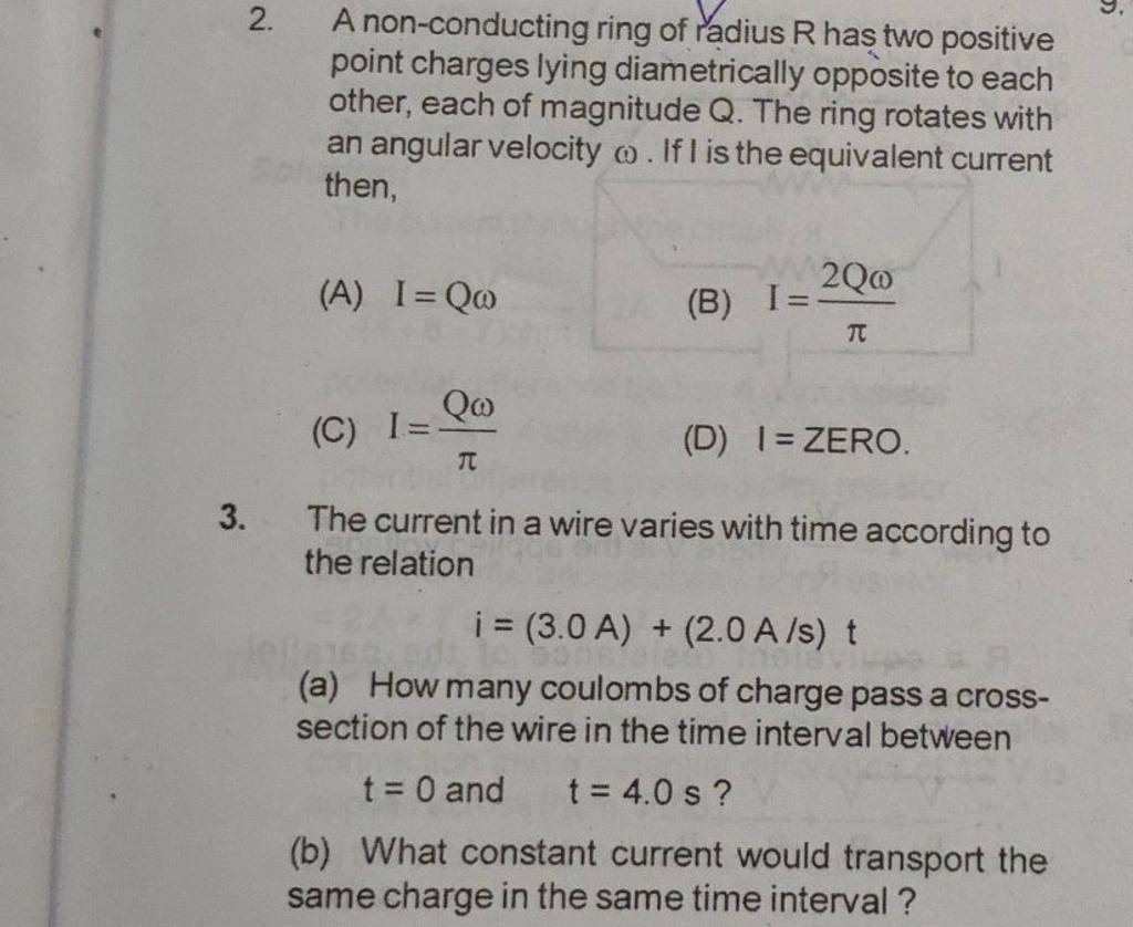 A non-conducting ring of radius R has two positive point charges lying di..