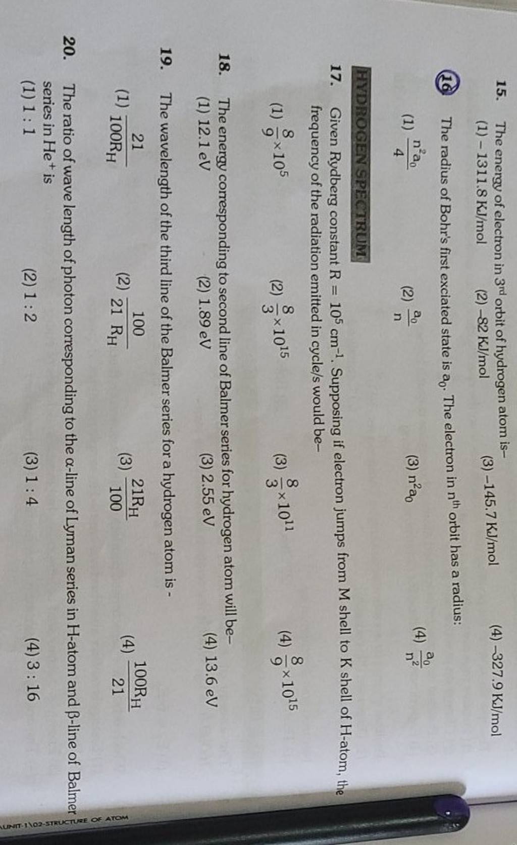 The Energy Of Electron In 3rd Orbit Of Hydrogen Atom Is Filo