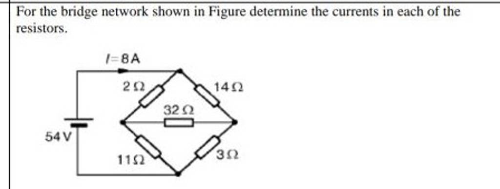 For the bridge network shown in Figure determine the currents in each of