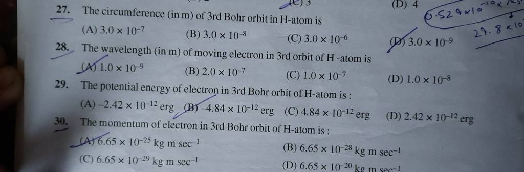 The Momentum Of Electron In 3rd Bohr Orbit Of H Atom Is Filo