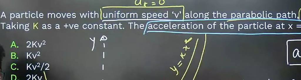 A particle moves with uniform speed ' v ' along the parabolic path, Takin..