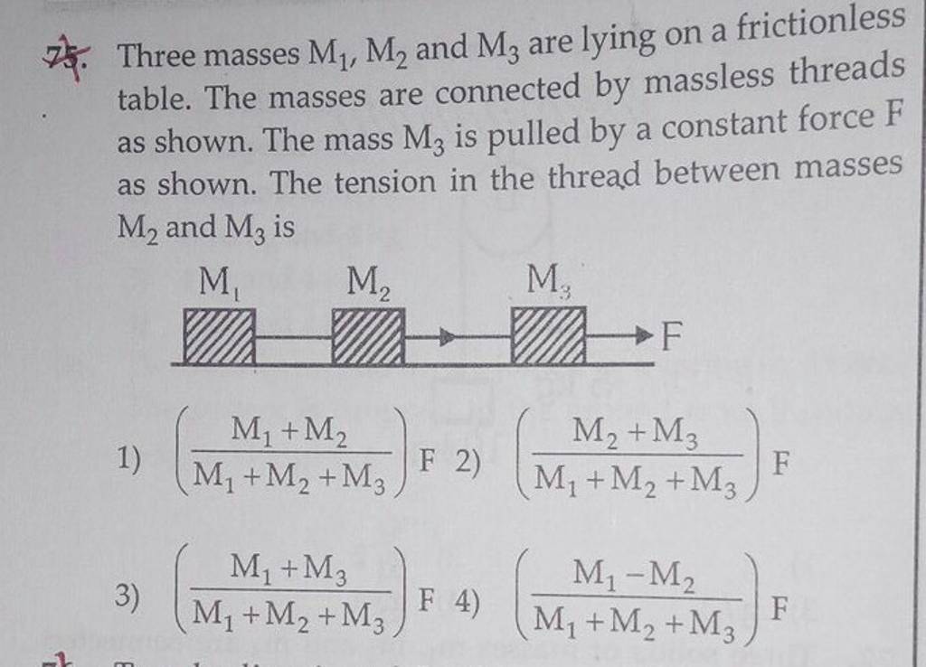 75. Three masses M1 ,M2 and M3 are lying on a frictionless table. The m..