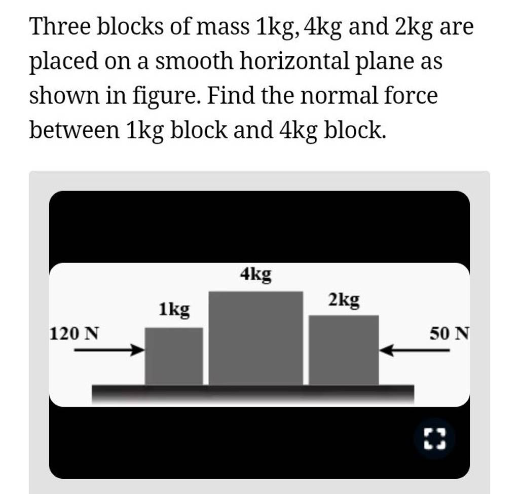 Three blocks of mass 1 kg,4 kg and 2 kg are placed on a smooth horizontal..