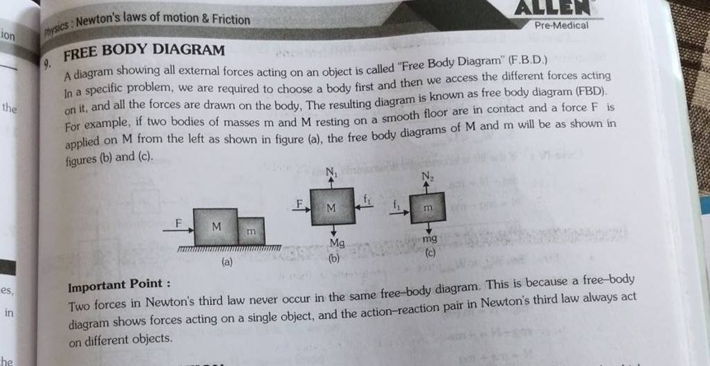 9. FREE BODY DIAGRAM A diagram showing all external forces acting on an o..