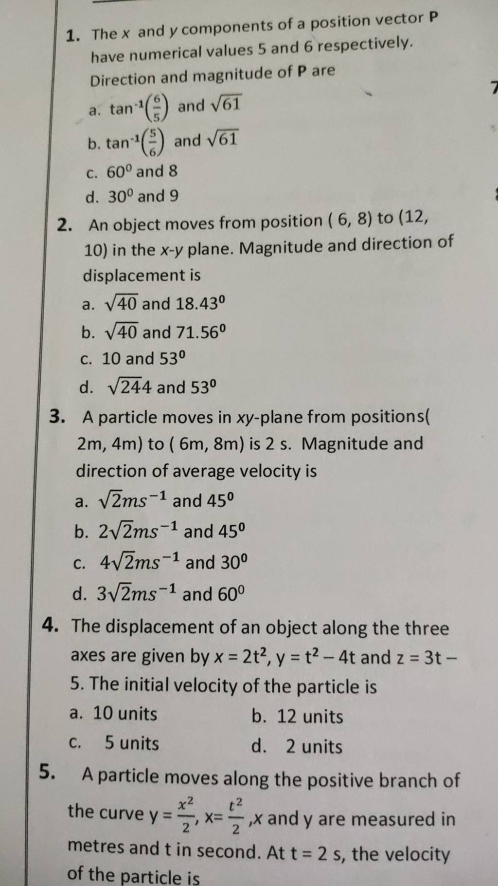 The X And Y Components Of A Position Vector P Have Numerical Values 5 And
