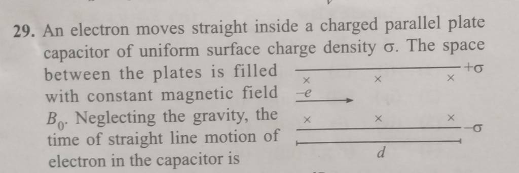 29. An electron moves straight inside a charged parallel plate capacitor