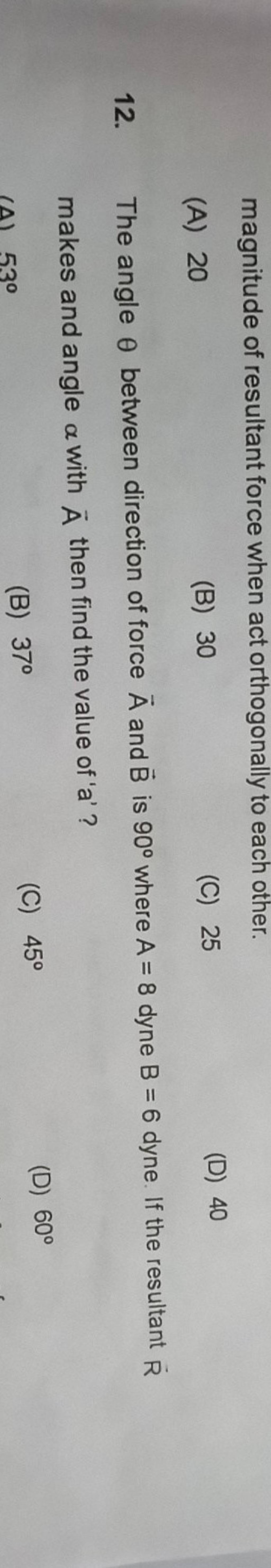 The Angle θ Between Direction Of Force A And B Is 90∘ Where A8 Dyne B6
