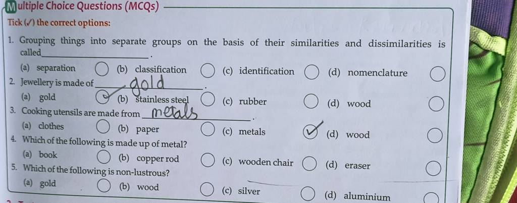 Multiple Choice Questions (MCQs) Tick ( ) the correct options: 1. Groupin.. Multiple Choice Questions (MCQs) Tick ( ) the correct options: 1. Groupin..
