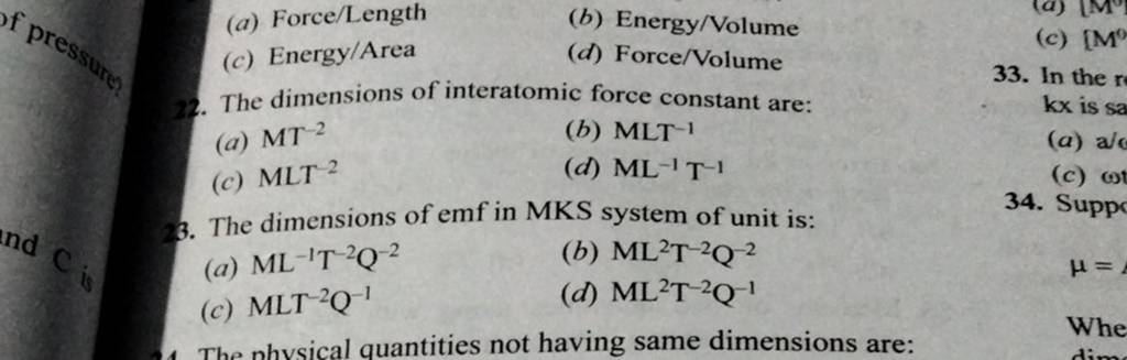 The dimensions of emf in MKS system of unit is: | Filo