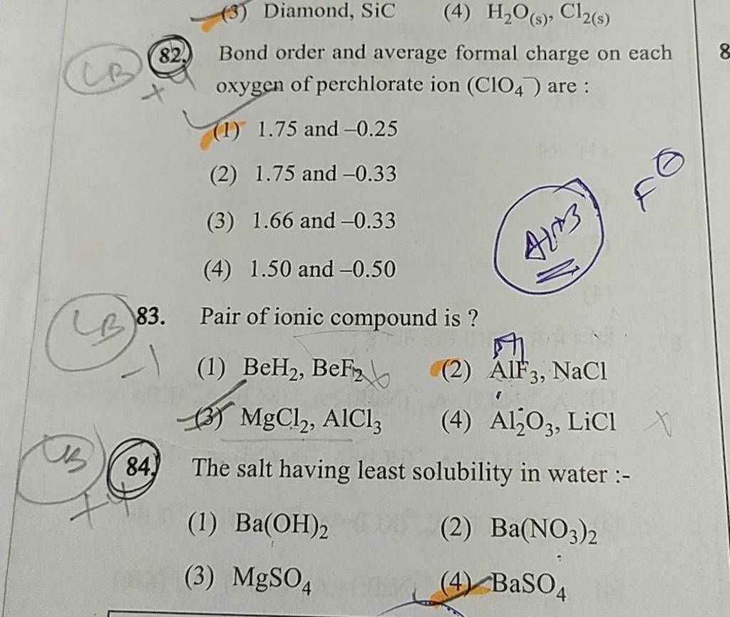 (82.) Bond order and average formal charge on each oxygen of perchlorate