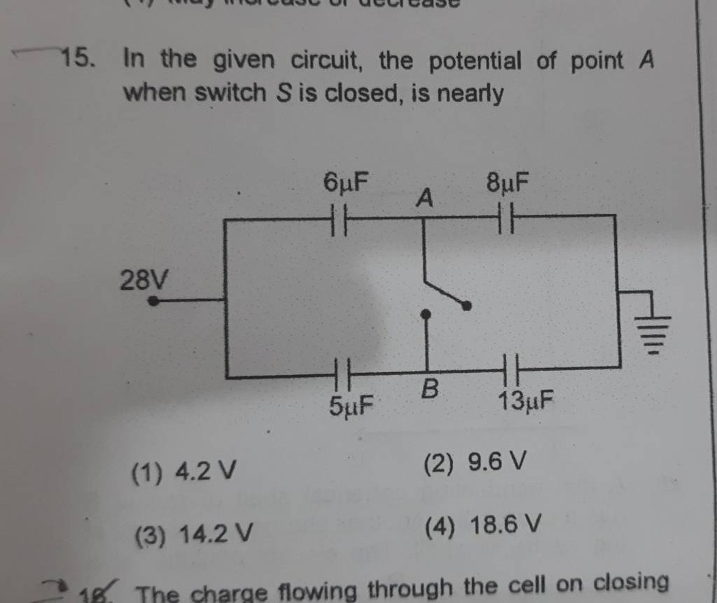 In the given circuit, the potential of point A when switch S is closed, i..
