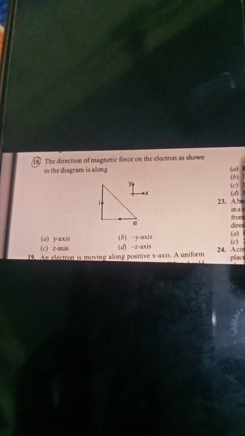 The direction of magnetic force on the electron as shown in the diagram i..