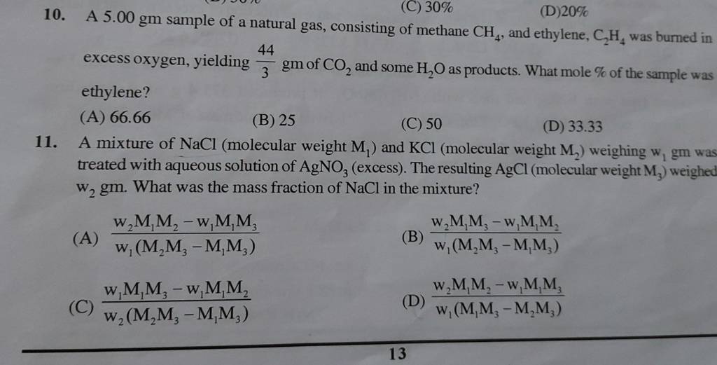 A 5.00gm sample of a natural gas, consisting of methane CH4 , and ethylen..