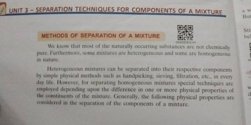 UNIT 3 - SEPARATION TECHNIQUES FOR COMPONENTS OF A MIXTURE METHODS OF SEP..