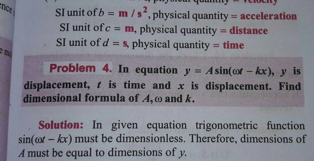 SI unit of b=m/s2, physical quantity = acceleration SI unit of c=m, physi..