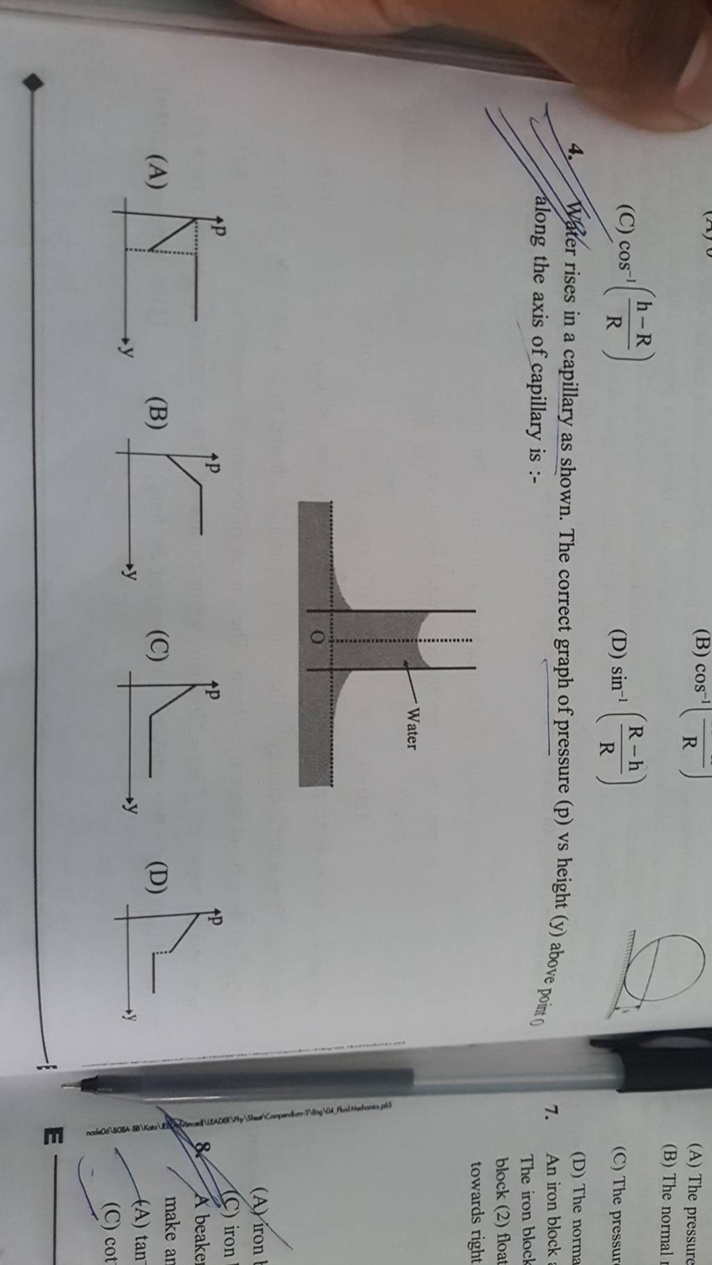 Inater rises in a capillary as shown. The correct graph of pressure (p) v..