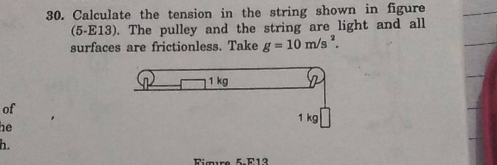 30. Calculate the tension in the string shown in figure (5-E13). The pull..