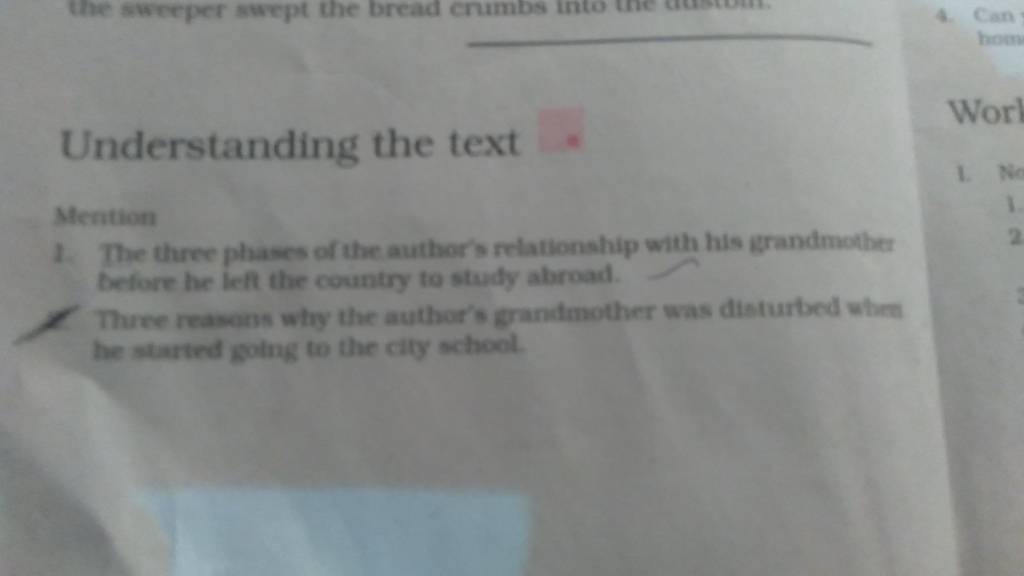 Understanding the text . Mention 1. The three phases of the author's rela..