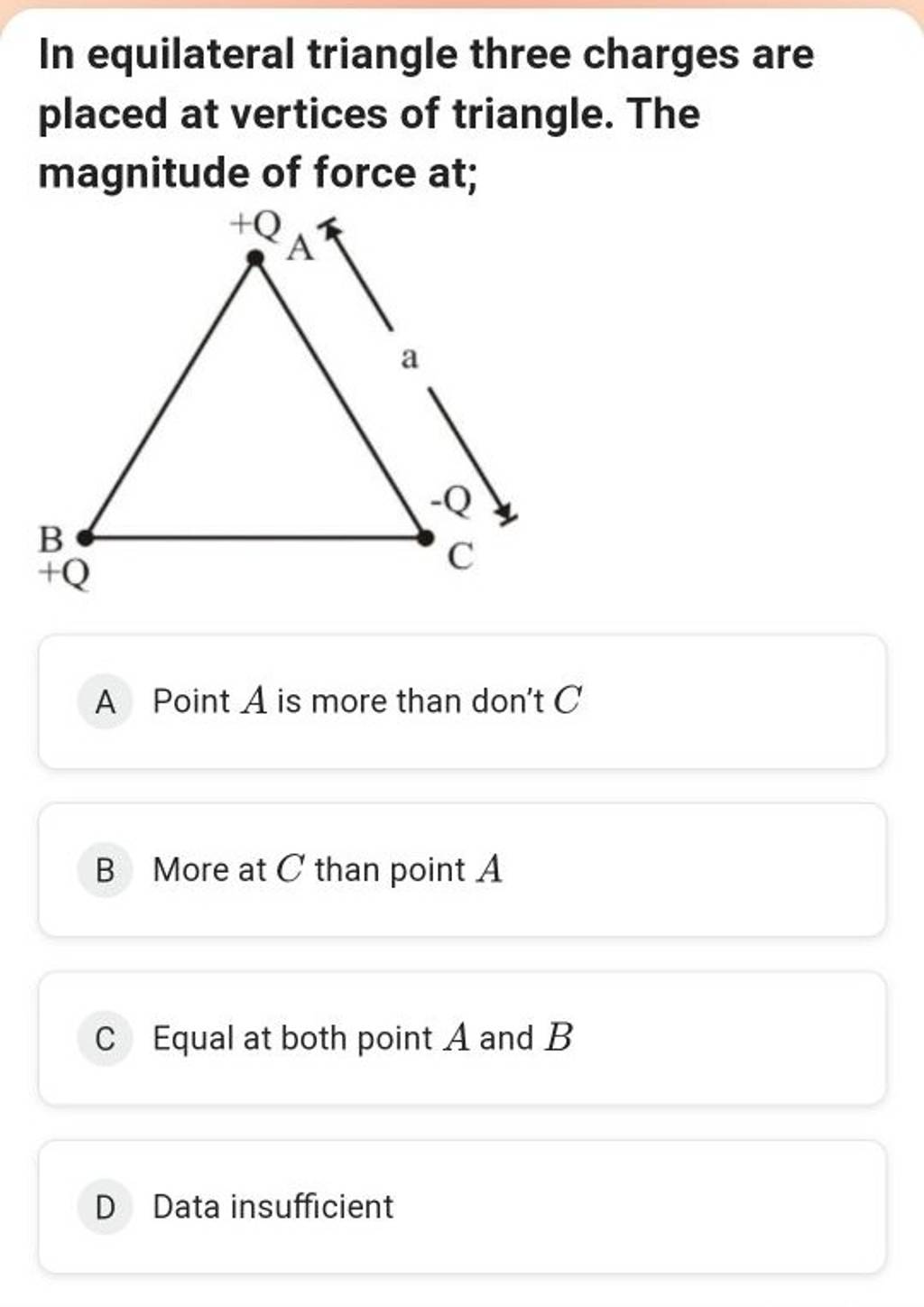 In equilateral triangle three charges are placed at vertices of triangle...