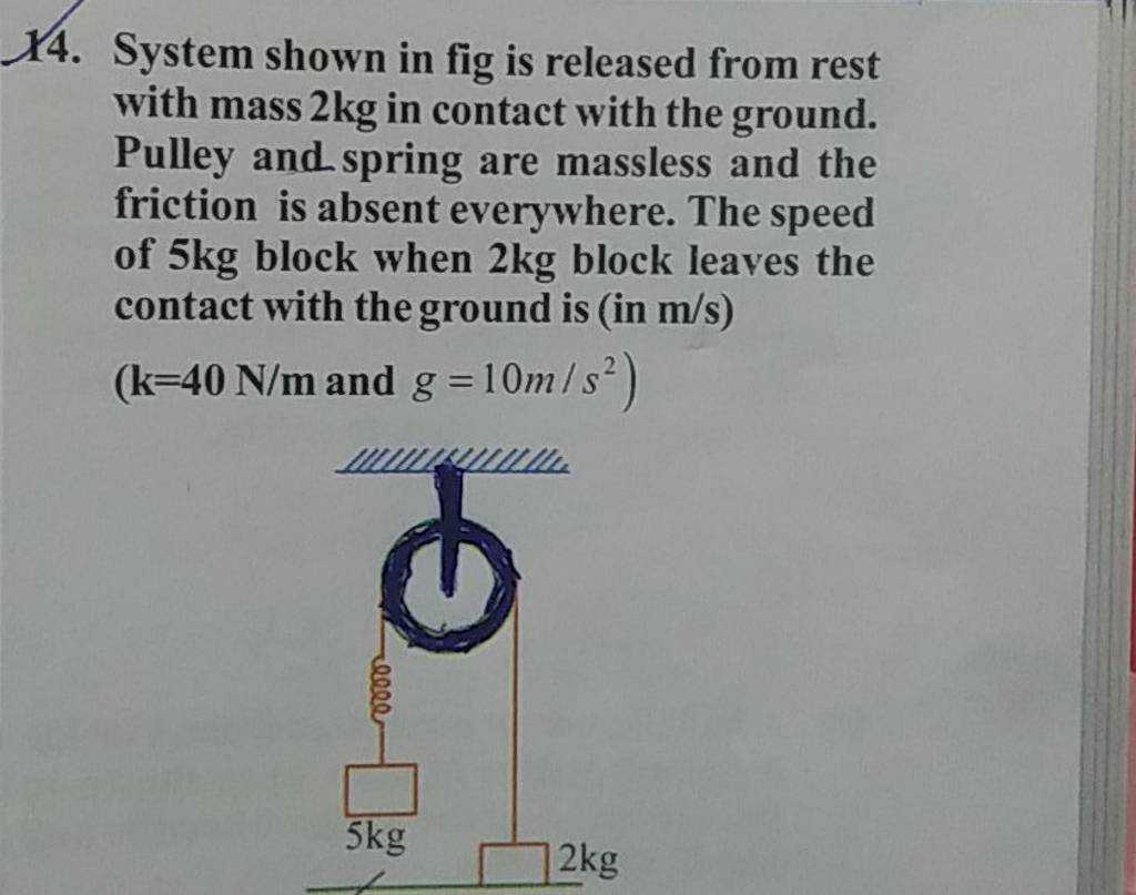 14. System shown in fig is released from rest with mass 2 kg in contact w..