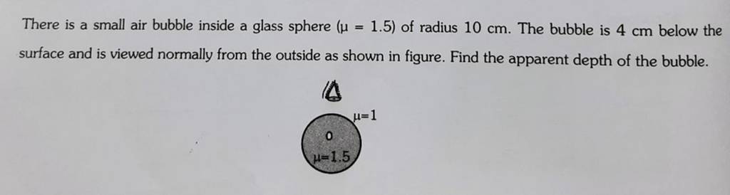 There is a small air bubble inside a glass sphere (μ=1.5) of radius 10 cm..