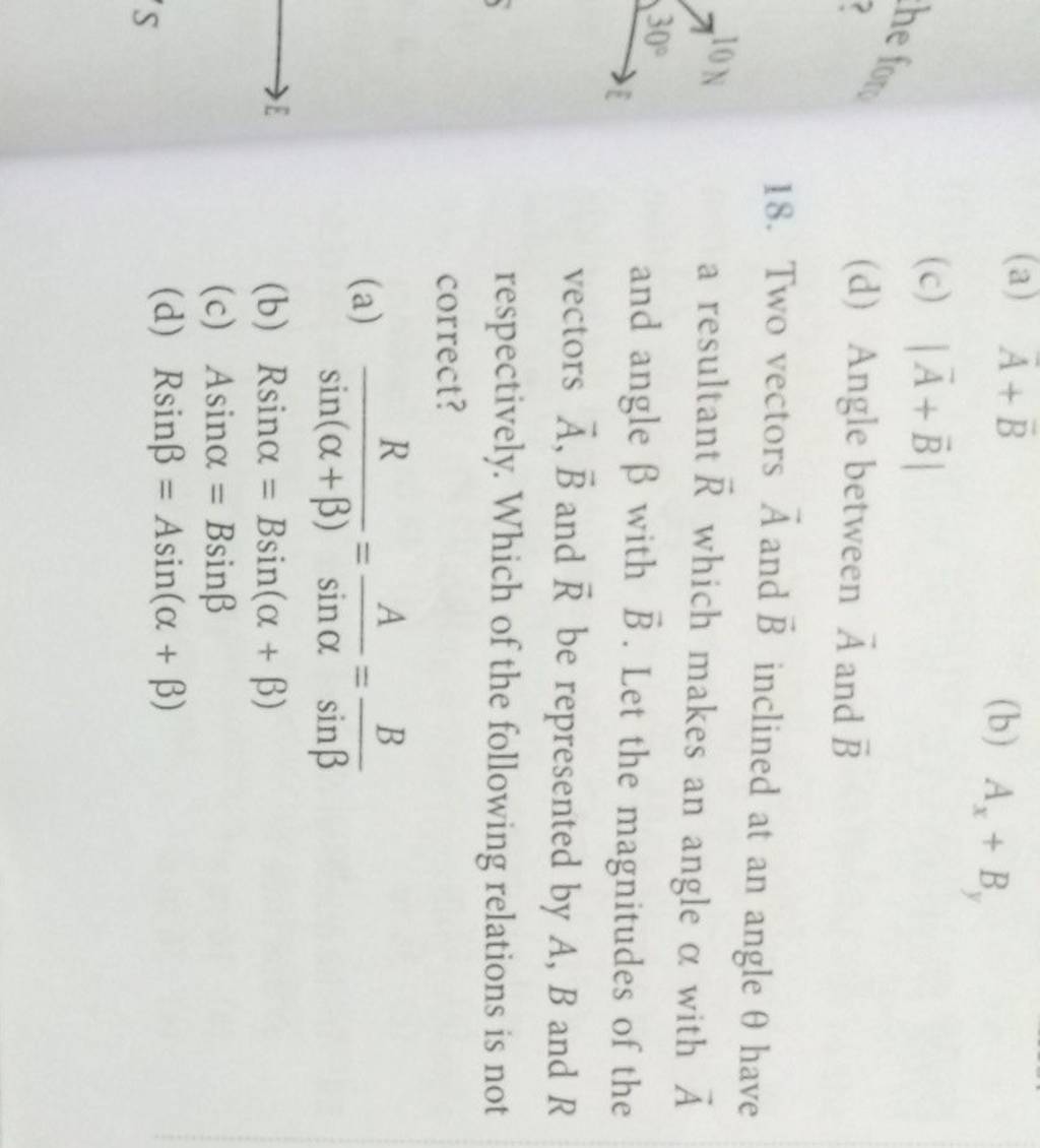 Two vectors A and B inclined at an angle θ have a resultant R which makes..