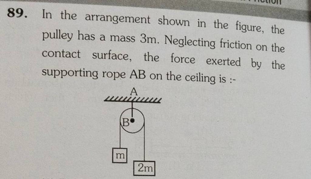 89. In the arrangement shown in the figure, the pulley has a mass 3 m. Ne..