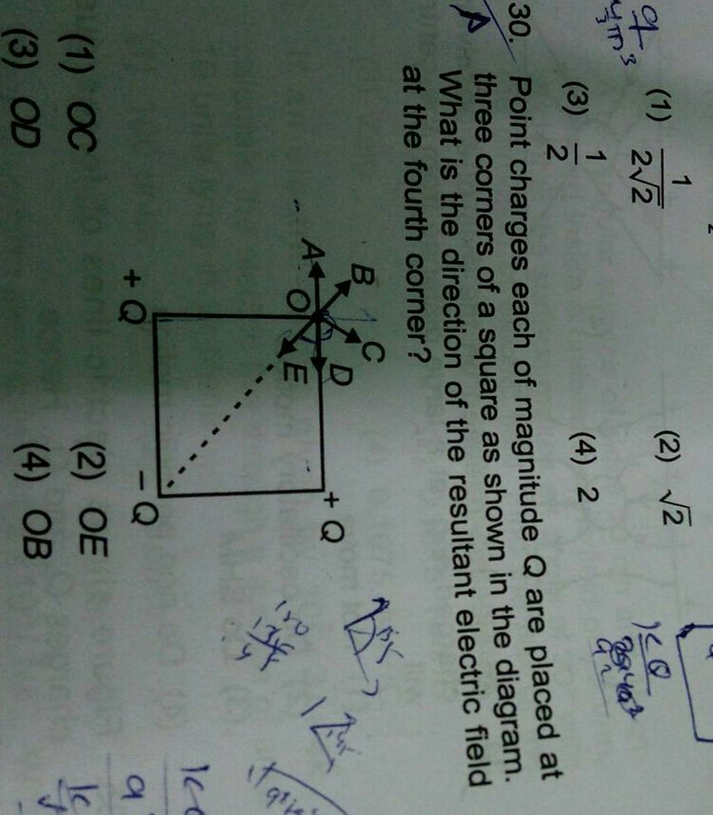 Point charges each of magnitude Q are placed at three corners of a square.. Point charges each of magnitude Q are placed at three corners of a square..