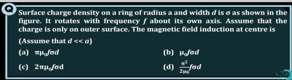 Surface charge density on a ring of radius a and width d is σ as shown in..