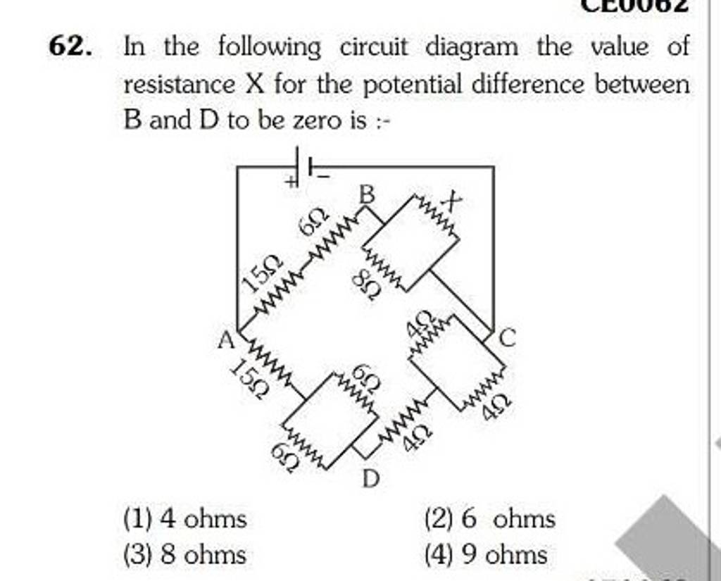 In the following circuit diagram the value of resistance X for the potent..